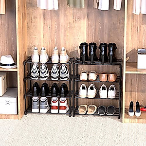 4-Tier Small Shoe Rack, Narrow Stackable Shoe Shelf Storage Organizer, Sturdy Metal Expandable Free Standing Shoe Racks for Entryway Hallway Closet Bathroom Living Room (Black)