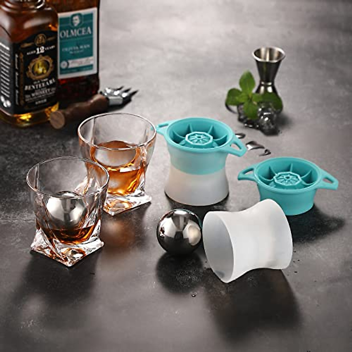 Old Fashioned Whiskey Glasses,Set of 6 (2 Crystal Bourbon Glasses,2 Stainless Steel Ice Balls,2 Round Big Ice Molds )-9 Oz Whiskey Rocks Glass for Scotch Cocktail Rum Cognac Vodka Liquor,Gift for Men