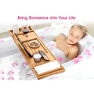 HBlife Bamboo Bathtub Caddy Tray with Extending Sides & Laptop Desk with Foldable Legs,Cellphone Tray and Wineglass Holder，Free Soap Holder (Natural)