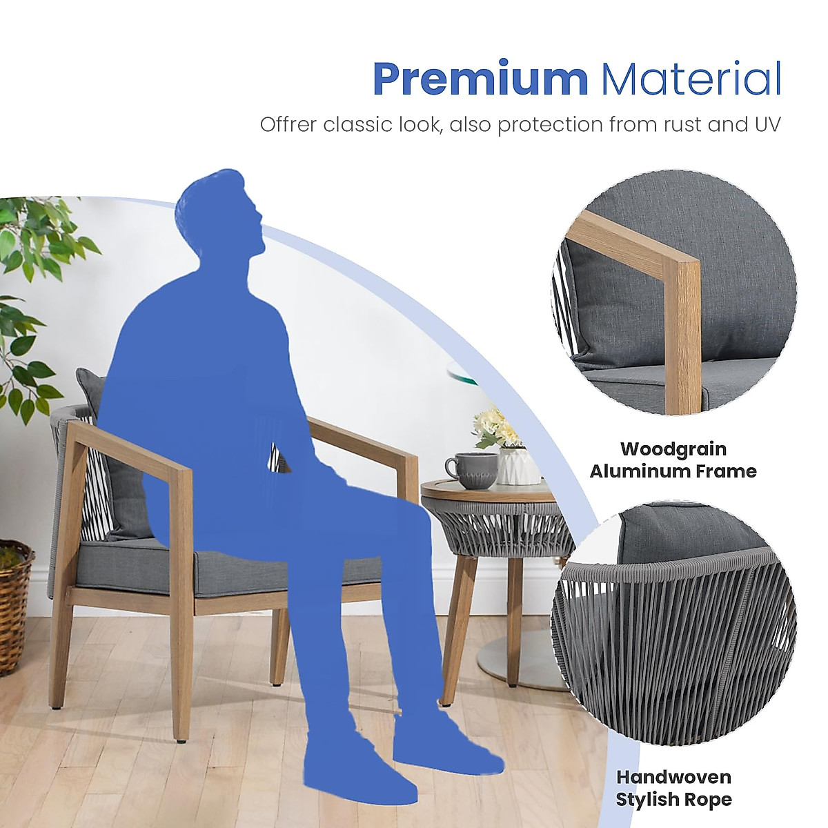 SUNSITT 3 Piece Patio Furniture Set, Aluminum Outdoor Bistro Set w/Wood Grain, Woven Rope Bistro Table and Chairs Set of 2, Patio Conversation Bistro Sets w/Grey Cushions for Balcony, Porch, Backyard