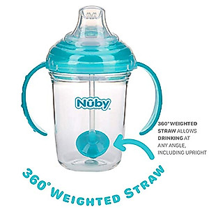 Nuby No Spill 360 Weighted Straw Grip N' Sip Tritan Cup with Hygienic Cover, 8 Oz, Trainer Cup, Teal
