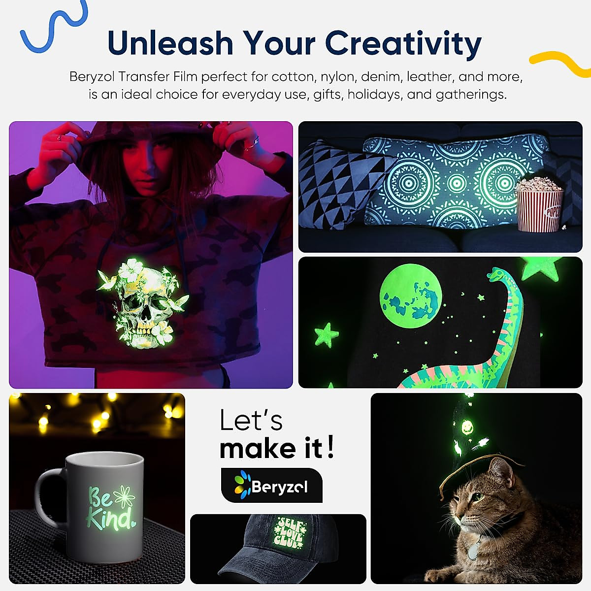 Beryzol Glow in The Dark Film DTF Luminous Transfer Film: A4 20 Sheets (8.3" x 11.7") is Transfer Paper Coated with Phosphor for DIY Direct Printing on T-Shirts and Textiles