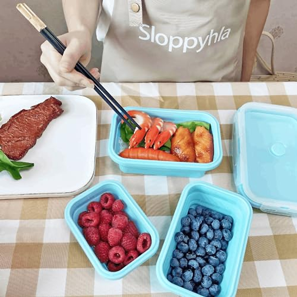 sloppyhla 4 Pack Silicon Lunch Box Flat Stacks Collapsible Food Storage Containers With Lids, Leftover Meal Box For Kitchen, BPA Free,Microwave and Freezer Safe, Foldable Thin Box Design (Pink)