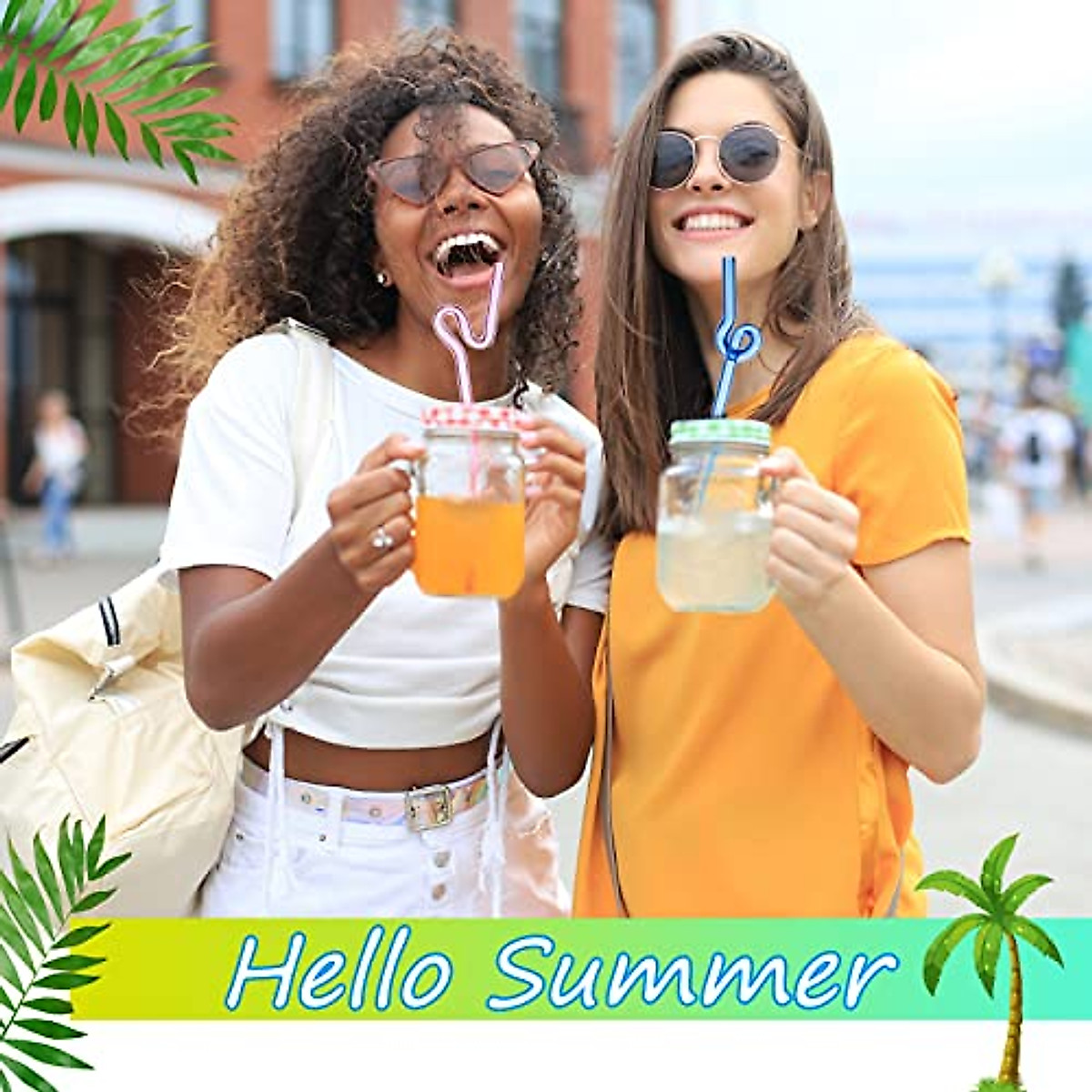 Yinkin 6 Pcs Wavy Glass Straws Reusable Curved Straw Shatter Resistant with 2 Cleaning Brushes Clear Silly High Borosilicate for Kids Adults Smoothies Juice (Colorful, 8 Inch)