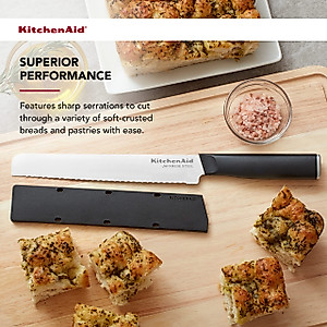 KitchenAid Classic Serrated Bread Knife with Custom-Fit Blade Cover, 8-inch, Sharp Kitchen Knife, High-Carbon Japanese Stainless Steel Blade, Black