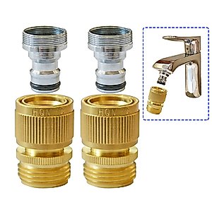 HQMPC Sink To Hose Faucet Adapter Faucet To Hose Adapter Kitchen Snap Adapter Washing Machine Quick Connect,Chrome Nipple Male 15/16-27 And Female 55/64-27 To Male 3/4" GHT Quick Coupler 2 Sets