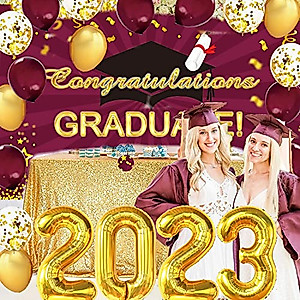 Graduation Decorations 2023 Maroon Gold/Graduation Party Supplies 2023/Graduation Backdrop Banner Maroon Gold Grad Balloons/Photography Background for Burgundy Gold ASU Graduation Decorations 2023