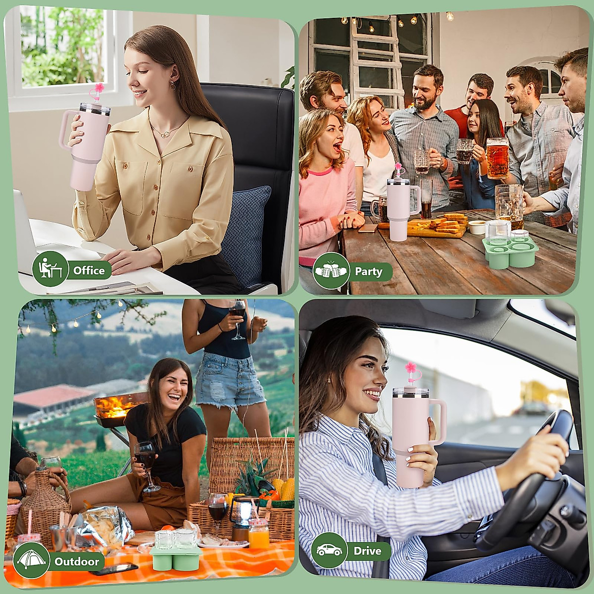 Sloworld Ice Cube Tray for Tumbler, 4 PCS Silicone Hollow Cylinder Ice Mold for Freezer, Chilling Coffee, Tea, Ice Drink, Juice, Whiskey, Cocktail, for Stanley Cup 20Oz, 30Oz, 40Oz(Green)