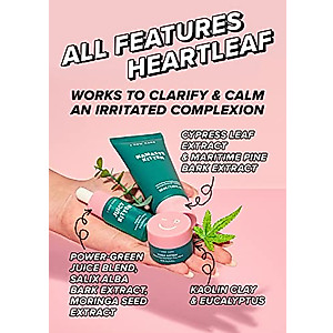 I Dew Care Heartleaf Skincare Set - Kitten My Balance On | Foam Cleanser, Wash-off Mask, Serum For Blemish Skin, With Kaolin, Heartleaf Extract, Gift, Travel Size, Korean Skincare, TSA Friendly Size
