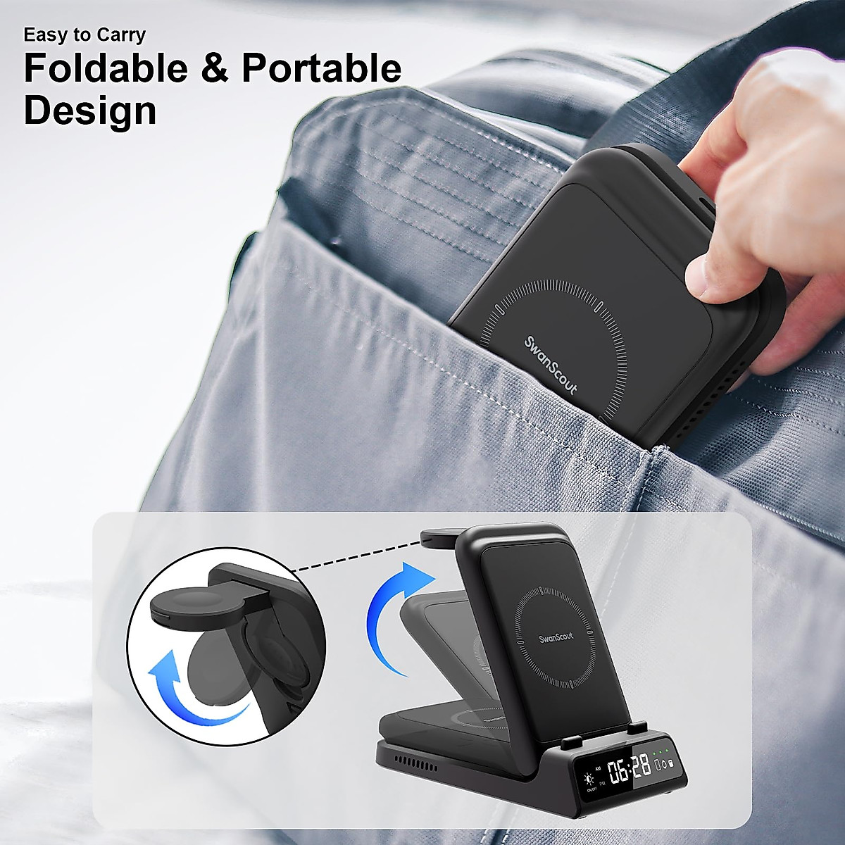 SwanScout Wireless Charging Station for iPhone, SwanScout 703A, Wireless Charger for iPhone 15/14/13/12/11 Series, for Apple Watch Ultra 2/9/8/7/6/5/SE, for Airpods Pro 2, Travel Foldable and Portable