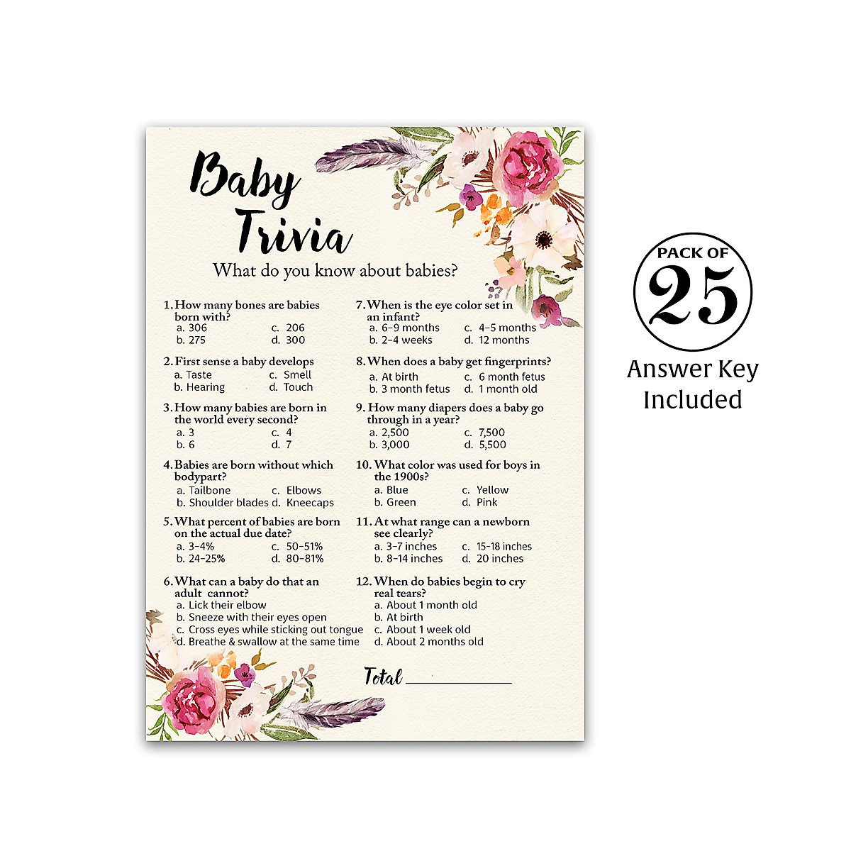 BOHEMIAN Baby Shower Game — BOHO BABY TRIVIA Game — Pack of 25 — Fun Baby Facts Game, GIRL Baby Shower Game, Bohemian Pink Floral Baby Shower Activity, Trivia Girl Baby Shower Game, SKU G400-TRV