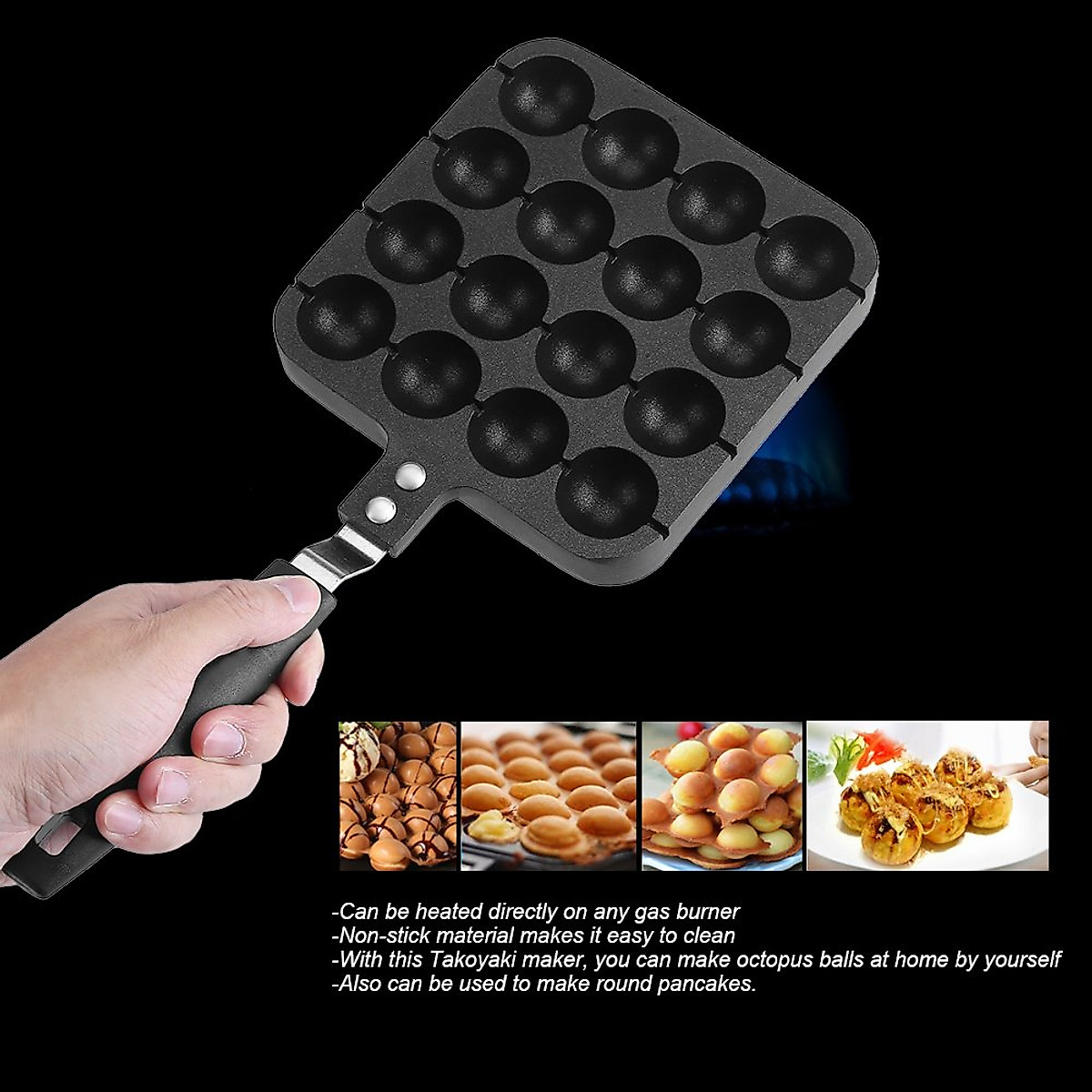 Takoyaki Pan, 16 Holes Takoyaki Pan Home Kitchen 16-Cavity Baking Japanese Octopus Ball Maker Grill Plate Black