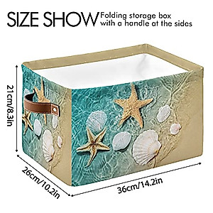 MNSRUU Storage Basket Cool Starfish Shell Beach Collapsible Organizer Basket with PU Handles, Waterproof Nursery Storage Bin，1 Pack