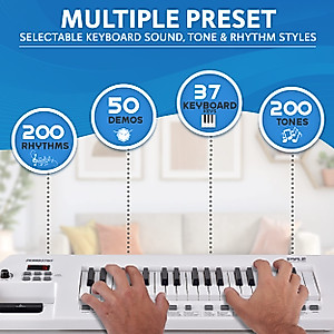 Pyle, Portable Digital Electronic Piano 37 Keys with Microphone & Carry Strap, Built-in Sustain Controller, Rechargeable Battery-Karaoke Keyboard Compact Musical Keytar White-PKBRD37WT.5