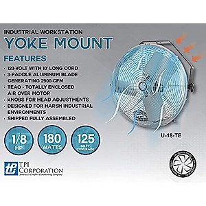 TPI Corporation U18-TE Series Industrial Mounted Workstation Fan, Versatile Wall or Ceiling Mount Fan, 3 Speed Motor, 120 Volt, 10' Cordset, Pull Chain Switch