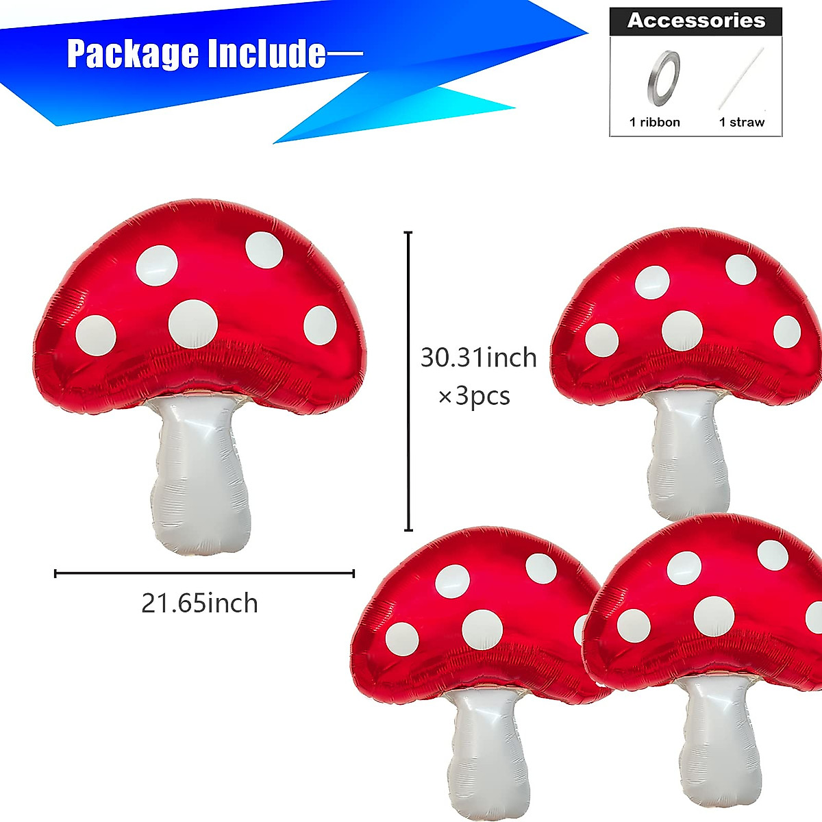 3PCS 31'' Mushroom foil balloons. Mushroom decor- Alice in Wonderland theme party decoration, Mushroom birthday party supplier. baby shower, wedding, forest plant party decorations.