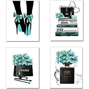 YOWOCAL Fashion Woman Wall Art Canvas Print Poster,8"x12" perfume Handbags High Heels With Flowers Drawing Decor for Living Room Bedroom Girls Dorm Make Up Room(Set of 4,Unframe)