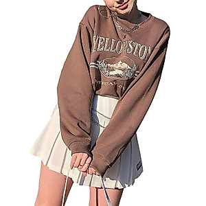 KOSUSANILL Women Graphic Crewneck Sweatshirt Y2k E Girl Aesthetic Vintage Printed 90s Streetwear Casual Long Sleeve Going Out Tops Pullover (Brown Letter, Large)