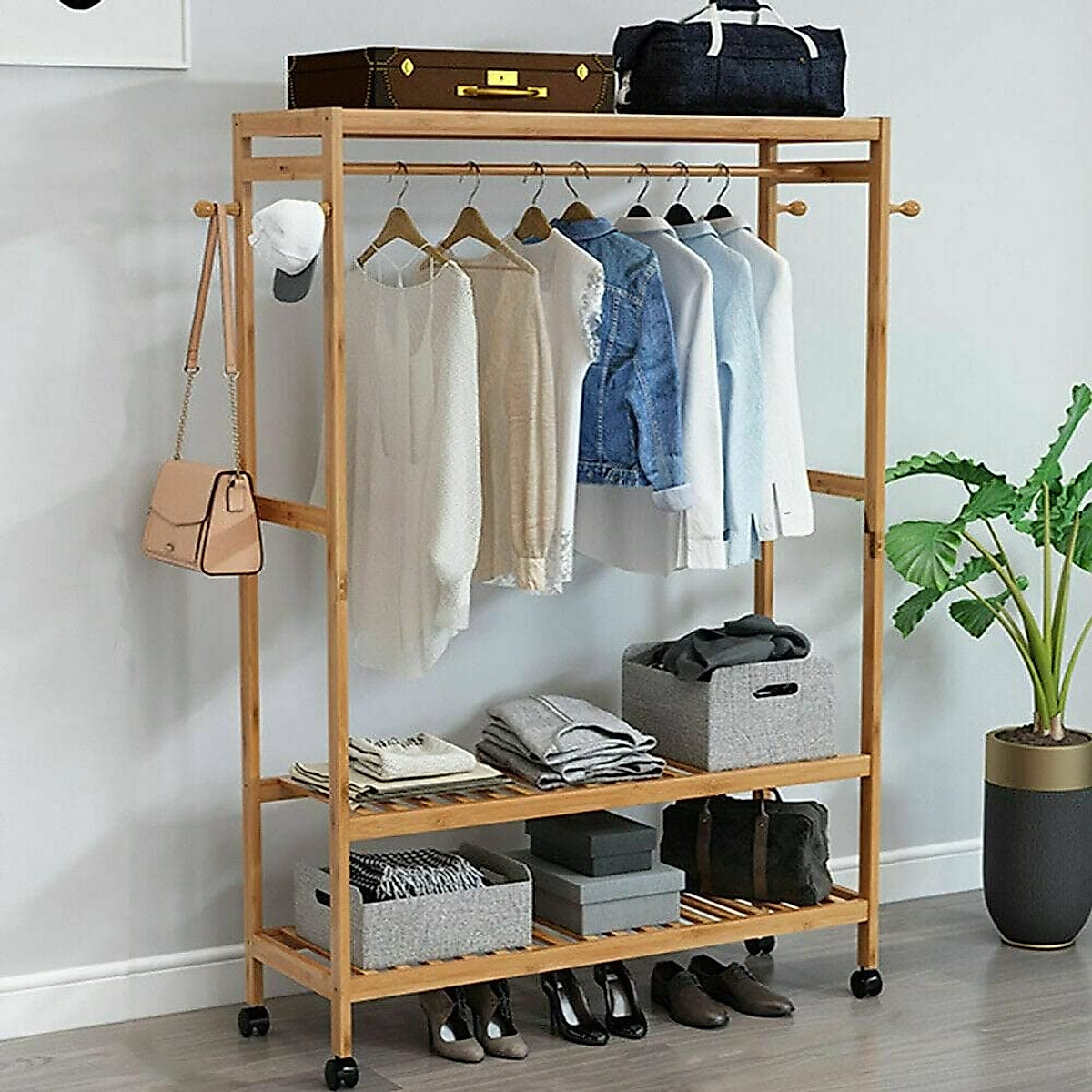 Overstock Rolling Clothes Garment Racks Bamboo Hanging Stand
