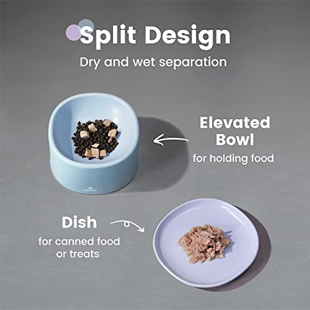 Pawaii Ceramic Cat Bowl, Combined Type Elevated Cat Bowl, Whisker Fatigue Cat Bowl, Dishwasher and Microwave Safe, One Elevated Cat Bowl and One Dish