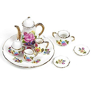 EatingBiting Collection Level 1:12 Elegant Flora Miniature Mini House Porcelain Tea Dish, Teapot, Cup, Plate Craft Set, DIY Scene Home Furniture Accessories