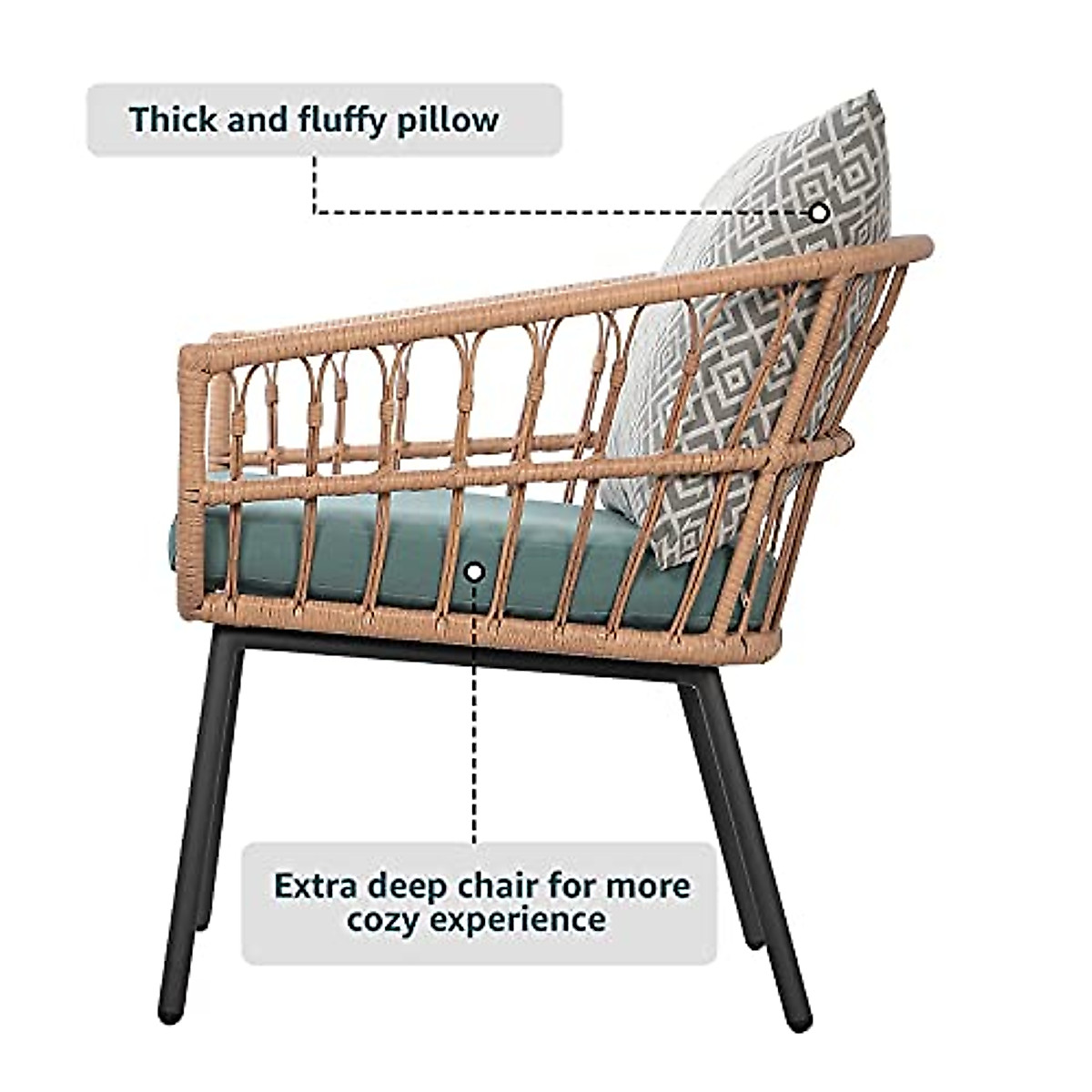 Super Patio 3 Piece Patio Set, Outdoor Furniture Wicker Bistro Set Rattan Chair Conversation Sets with Coffee Table and Cushions, Turquoise/Gray