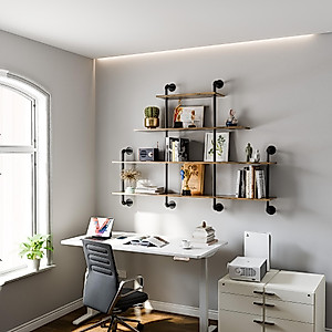 WFSRESTD Industrial Pipe Shelving, 4 Tier Rustic Wooden Floating Shelves, Wall Display Bookshelf, Storage Rack Sundries Holder for Kitchen Office Bathroom Organization and Home Decor