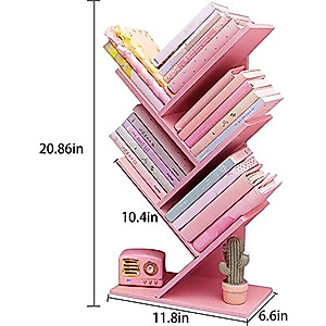 J.DXHY Tree Bookshelf,4-Layer Floor Standing Bookshelf,The Desktop Bookshelf Can Hold Books,Magazines,CDs and Photo Albums,Office Storage Rack,Pink
