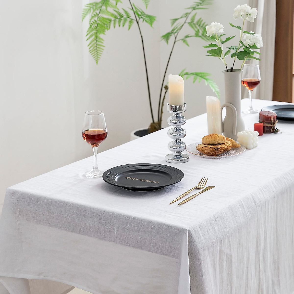 EVERLY Pure Linen Hemstitch Tablecloth,100% Stonewashed French Linen tablecloths for Kitchen Dining Rectangle Tables,60x108Inch Machine Washable Christmas Thanksgiving Organic Tablecloth-White