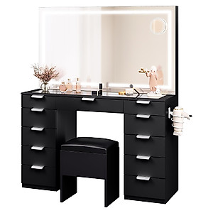 YITAHOME Vanity Desk Set with Large LED Lighted Mirror & Power Outlet, Glass Top Vanity with 11 Drawers and Magnifying Glass, 46'' Large Makeup Vanity with Storage Bench, Black Vanity for Bedroom