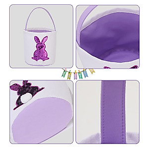 4 Pack Easter Bunny Basket Bags for Kids, Sequins Rabbit Canvas Eggs Hunt Baskets with Fluffy Tails, Tote Bag Candies Gifts Bucket for Easter Party - Blue, Purple, Pink and Green