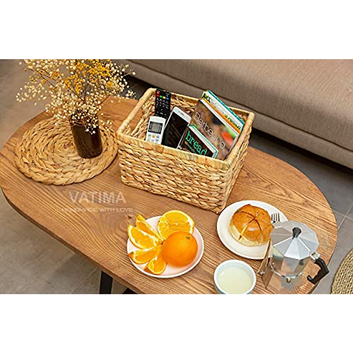Large Wicker Basket Rectangular with Wooden Handles for Shelves, Water Hyacinth Basket Storage, Natural Baskets for Organizing, Wicker Baskets for Storage 14.5 x 10.3 x 7.5 inches - 3 Pack