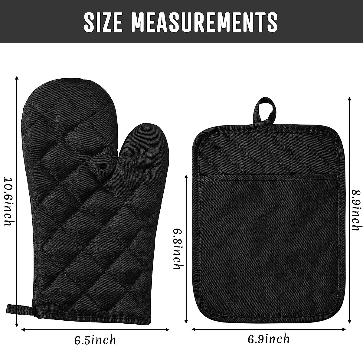 R HORSE 4Pcs Oven Mitts Pot Holders Set for Kitchen, Cotton Lining Heat Resistant Oven Gloves Black Kitchen Mittens Hot Pads Pot Holder with Pocket & Hanging Loop Trivets for Cooking Baking Grilling