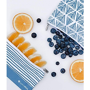Lunchskins Reusable 2 Piece Zippered Food Storage Bag Set, 1 Sandwich Bag + 1 Snack Bag, Blue Geometric