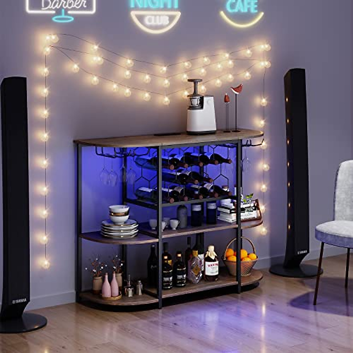 Logianis Wine Rack Table with Outlet and LED Light 47.3 Inch FreeStanding Wine Bar Rack Wooden Rustic Wine Storage with Wine Shelf and Glass Holder Wine Bar Cabinet Rustic Brown