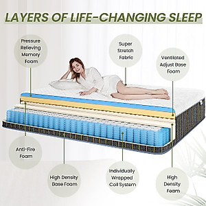 HOXURY Queen Mattresses, 8 Inch Hybrid Mattress Queen Size, Memory Foam & Individually Wrapped Pocket Coils Innerspring Mattress in a Box, Pressure Relief & Cooler Sleeping