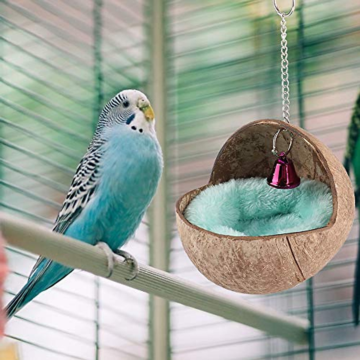 AYNEFY Natural Coconut Shell Bird Nest House Bed Breeding Nesting Anti-Pecking Bite with Warm Pad and Bell for Bird Parrot Budgie Parakeet Cockatiel Conure Lovebird Canary Finch