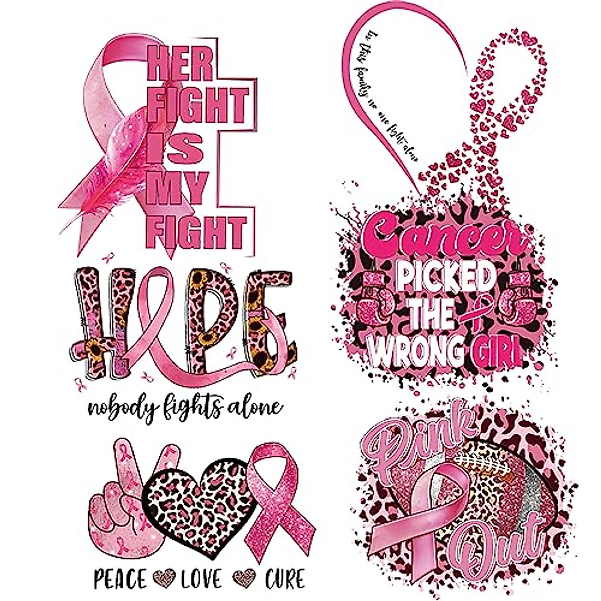 6 Sheets Breast Cancer Awareness Iron on Transfer Pink Ribbon Iron on Patches Stickers Heat Transfer Stickers Crown Letter Design Vinyl Appliques Sticker for T-Shirt Jean Pillow Cover DIY Decorations