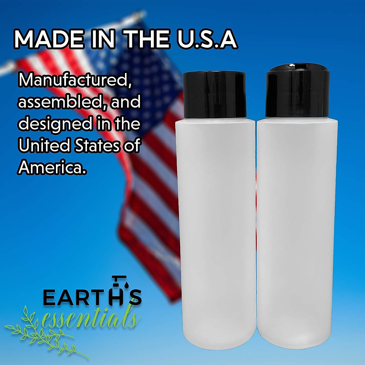 Earth's Essentials 2 Pack Refillable 16 Ounce HDPE Squeeze Bottles With Stand On The Cap Dispenser Tops-Great For Lotions, Shampoos, Conditioners and Massage Oils From (BLACK CAP)