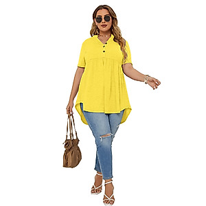 PLOKNRD Women's Plus Size Tops Short Sleeve Henley V Neck Button Up Flowy T Shirts Tunic Loose Blouses Yellow