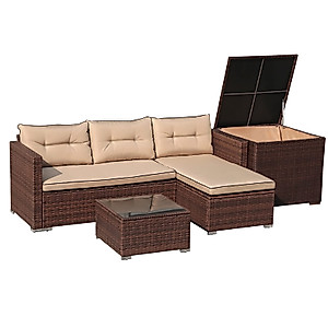 JOIVI Patio Furniture, Small Sectional Sofa Set with Storage Box, Outdoor Patio PE Rattan Conversation Set, All Weather Brown Wicker Couch with Cushions and Tempered Glass Coffee Table, Beige
