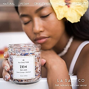 LA SALT CO Aromatherapy Bath Salt Soak, Zen | Mineral-Rich Himalayan Pink Salt & Magnesium Chloride, Sweet Orange, Lemon, Patchouli, Lavender & Peppermint | 16 oz