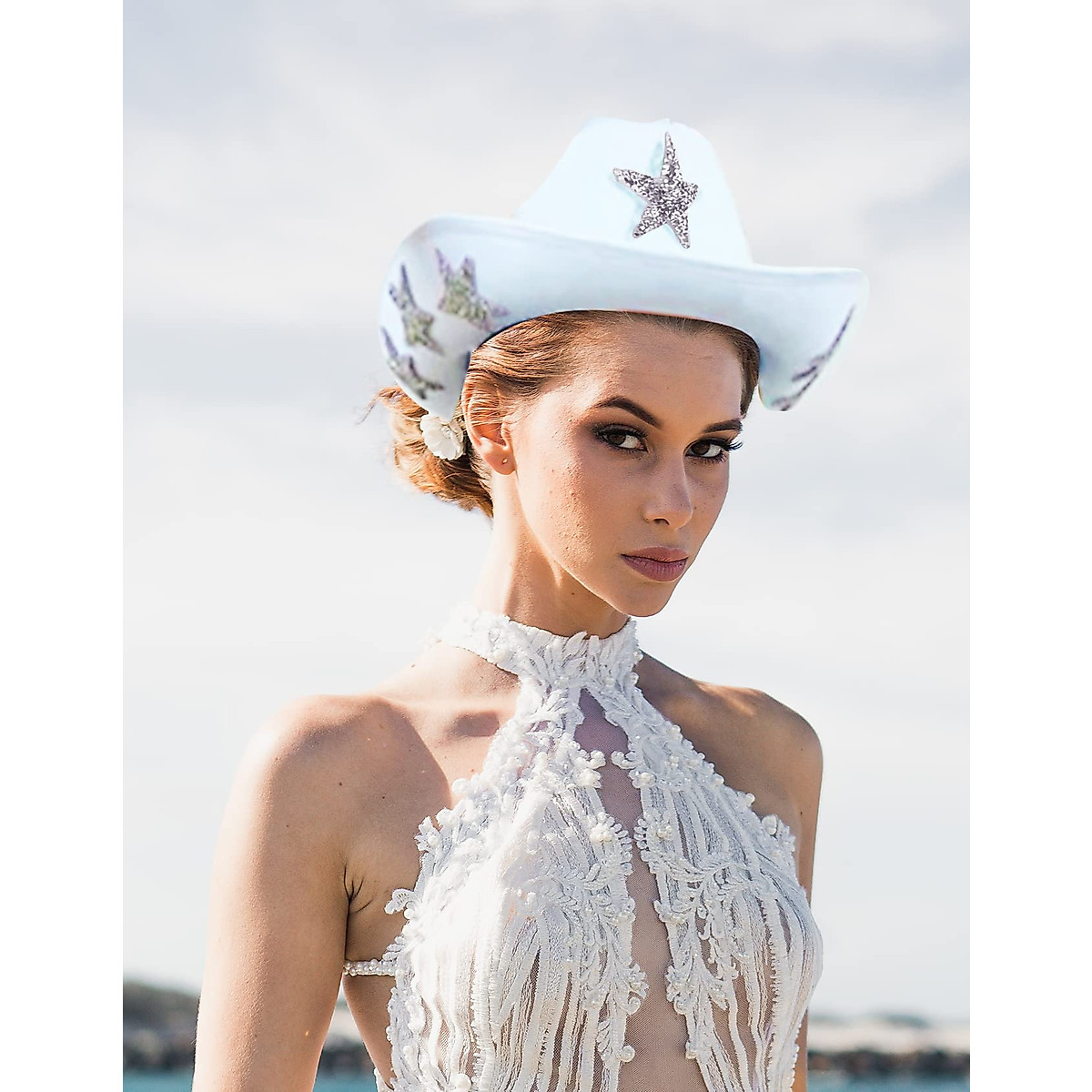 YBHOMINE White Cowgirl Hat with Heart Sunglasses - Cowboy Hat with Glitter Star Fits Women for Bachelorette Themed Party(Glitter Star)