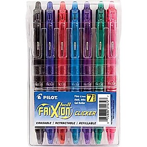 PILOT FriXion Clicker Erasable, Refillable & Retractable Gel Ink Pens, Fine Point, Assorted Color Inks, 7 Count (Pack of 1) (31472)