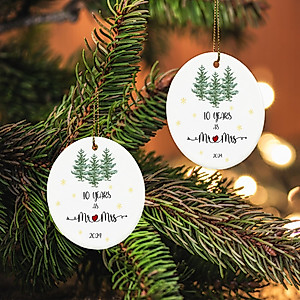 10th Tin Anniversary 2024, 10 Year Anniversary Mr and Mrs Gifts for Couple, 10th Wedding Anniversary for Husband Wife, 2.9" Ceramic 10th Anniversary Keepsake Christmas Decoration