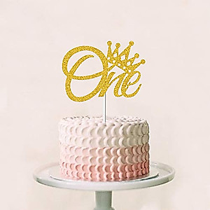 First Birthday Decorations, 1st Birthday Photo Banner for Newborn to 12Months, Gold “ONE” Birthday Banner and ONE Cake Topper for Birthday Party (Gold Glitter)