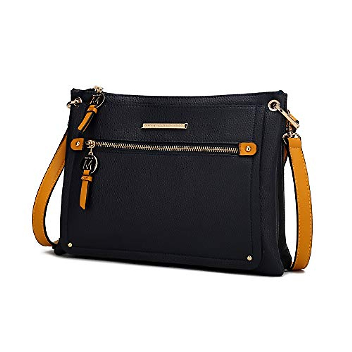 MKF Crossbody Bag for Women – PU Leather Pocketbook Handbag – Designer Side Messenger Purse, Shoulder Crossover Aliyah Navy-Mustard