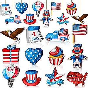 36 Pcs Patriotic Decor 4th of July Wood Hanging Ornament for Tree Independence Wooden Ornaments with Ropes Star USA Flag Gnome Red White and Blue Decorations for Independence Memorial Day (Fresh)