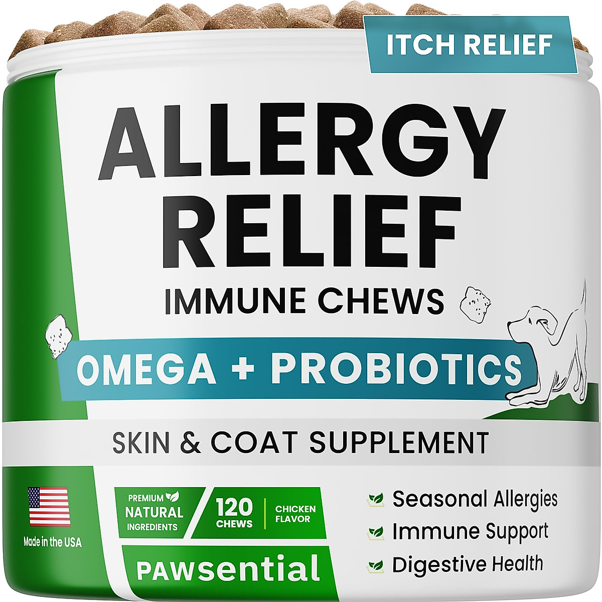 PAWSENTIAL Allergy Relief Dog Chews - Itchy Skin Relief w/Probiotics + Omega 3 + Colostrum - Seasonal Allergies - Anti-Itch Treats - Skin&Coat + Immune Supplement - Made in USA - Chicken Flavor -120Ct