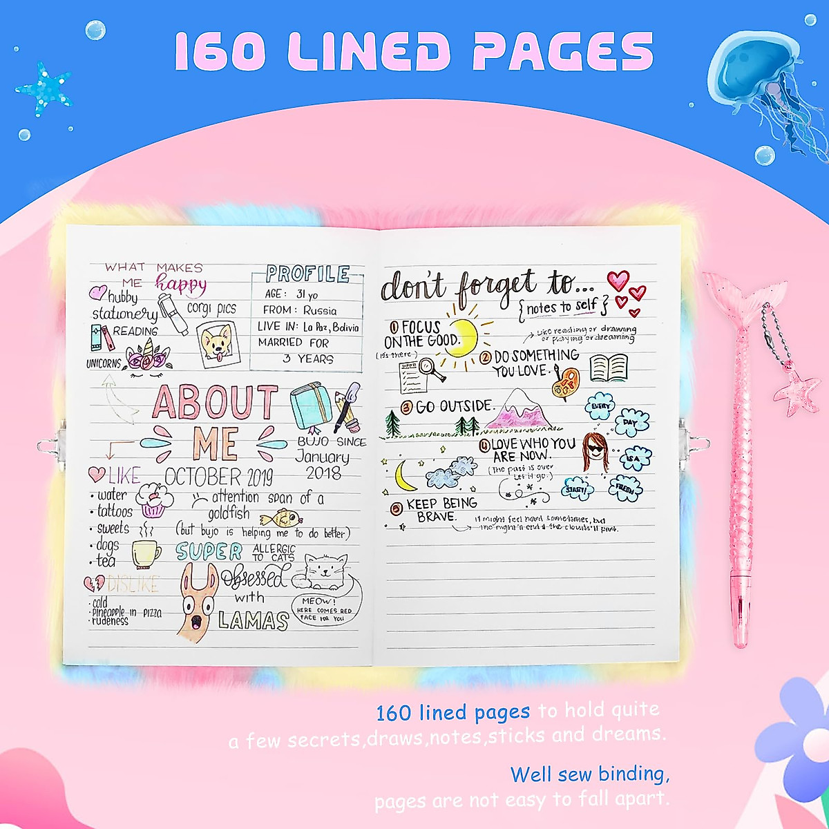 homicozy Mermaid Diary for Girls with Lock and Keys,Tie-Dye Fuzzy Journal for Kids with 160 Lined Pages,Fluffy Secret Notebook for Writing and Drawing,Gifts for Girls Over 3 Years Old,Pink